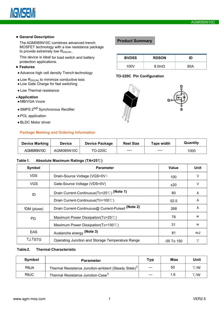 AGM085N10C datasheet page 1