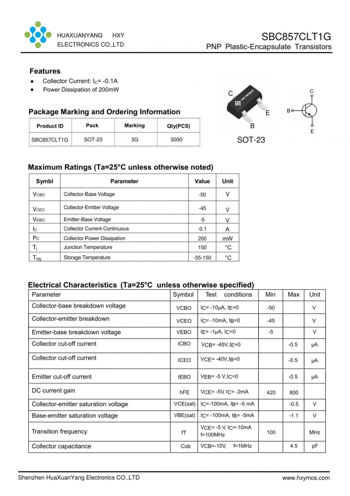 SBC857CLT1G-HXY datasheet page 1