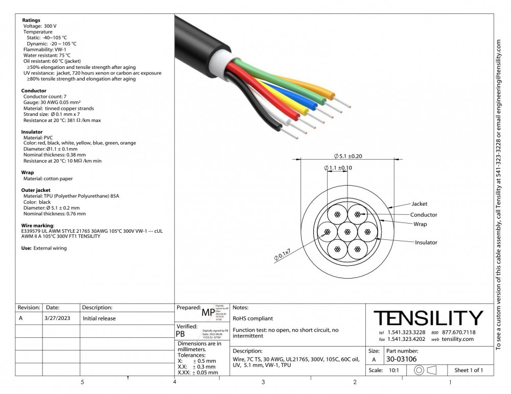 30-03106 cable drawing and specification sheet