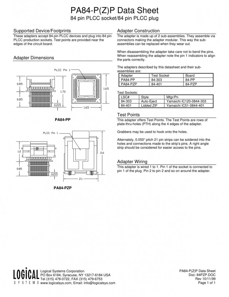 PA84-PP datasheet page showing 84-pin PLCC adapter information