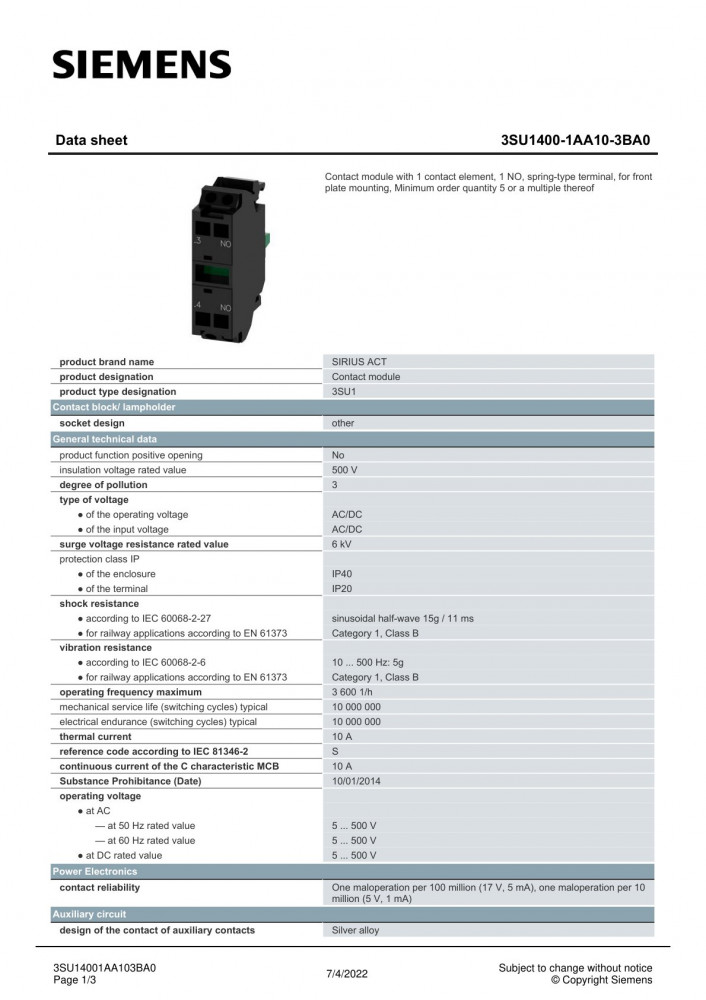 3SU14001AA103BA0 technical document page 1