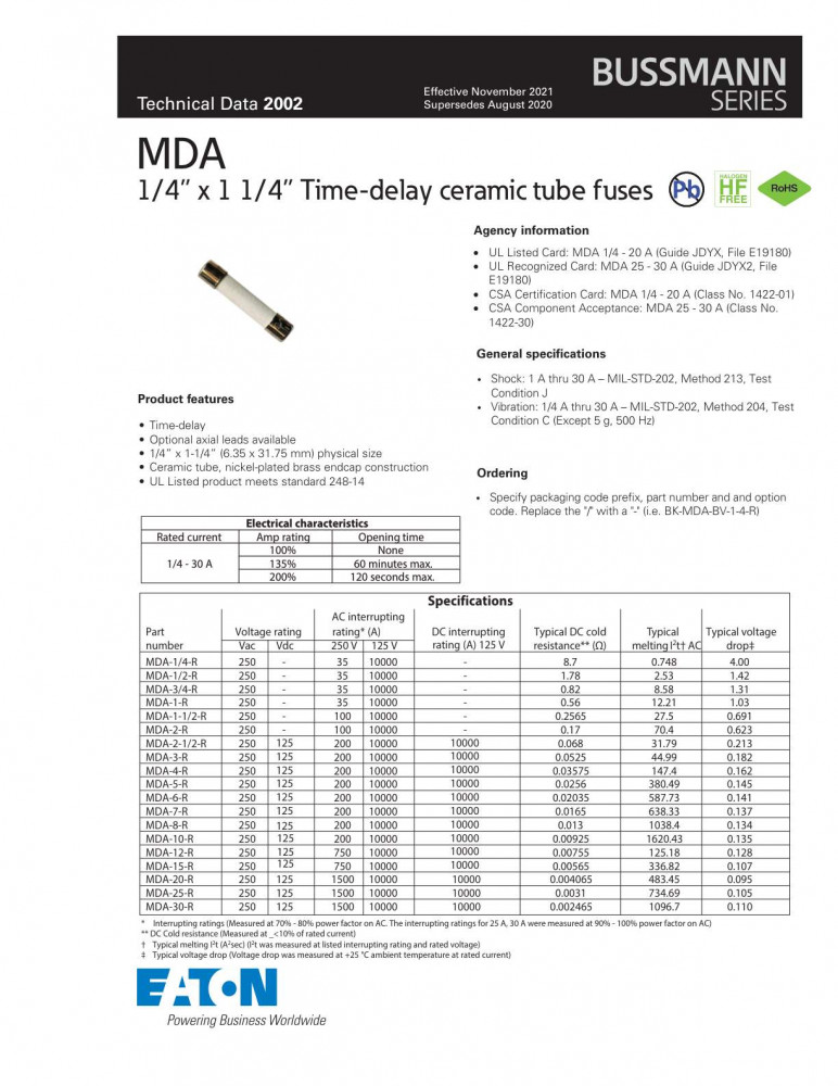 EATON MDA fuse datasheet page 1