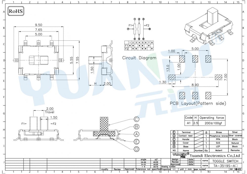 TA-3519S-A1 toggle switch technical drawing