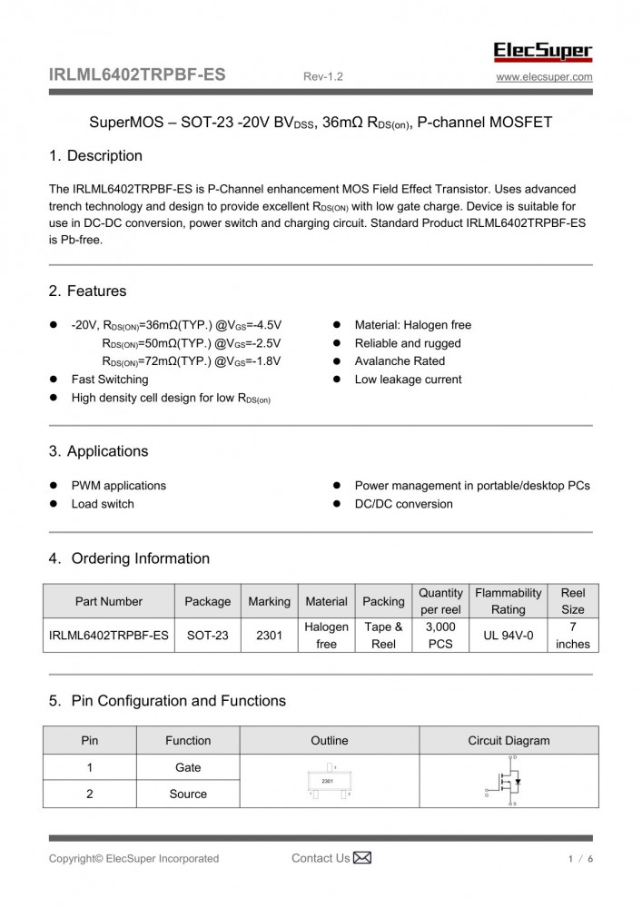 IRLML6402TRPBF-ES datasheet page 1