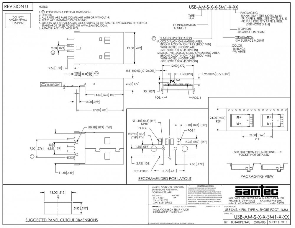 Samtec USB-AM-S-F-W-TH-R technical document page