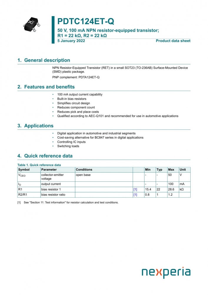 PDTC124ET-QR datasheet page 1