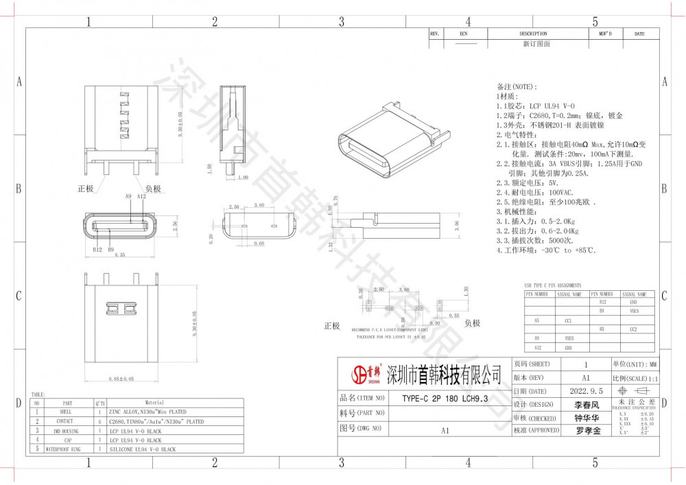 TYPE-C 2P 180 LCH9.3 specification page 1
