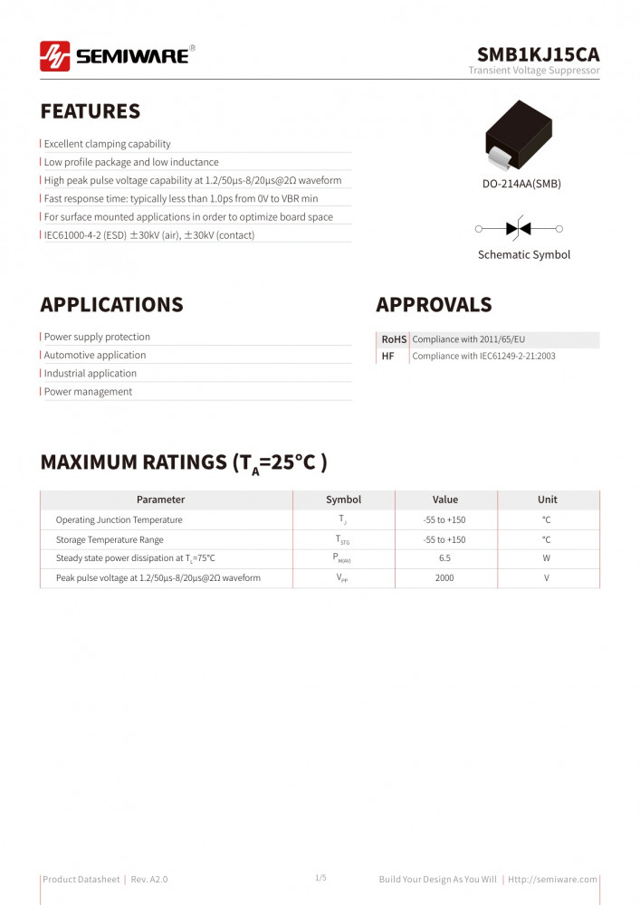 SMB1KJ15CA datasheet page 1