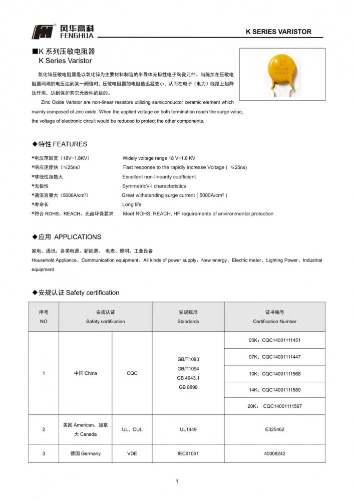 FH FNR K Series datasheet page 1