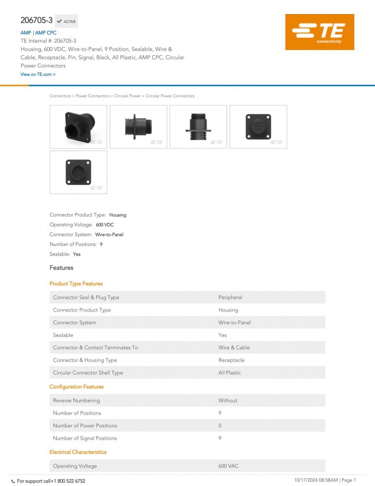 TE Connectivity 206705-3 technical document page 1