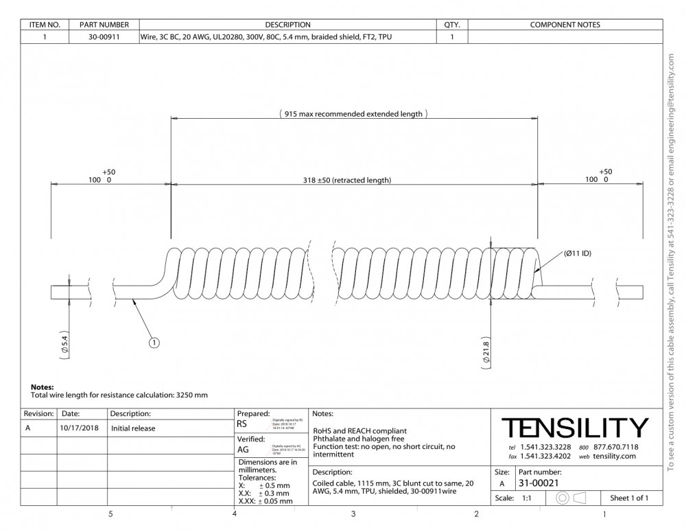 Tensility International drawing reference for cable assembly 31-00021