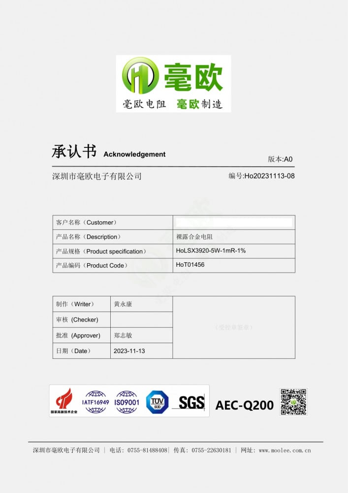 Milliohm HoLSX3920 acknowledgement page 1