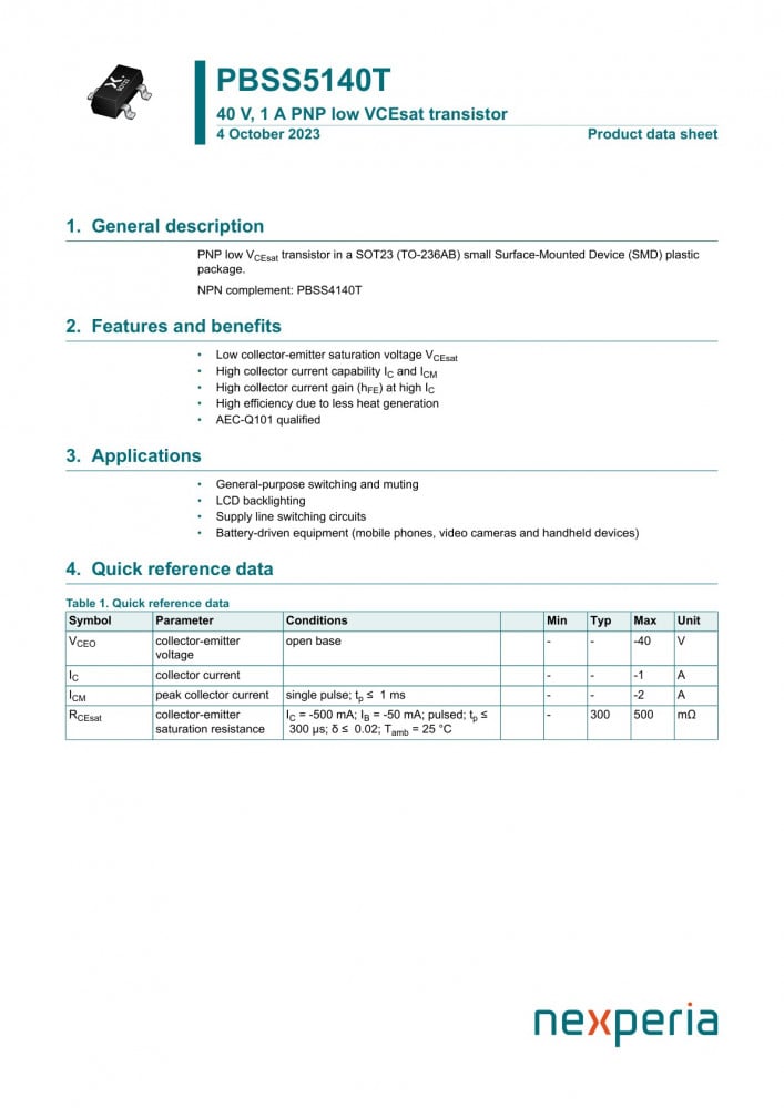 PBSS5140T datasheet page 1