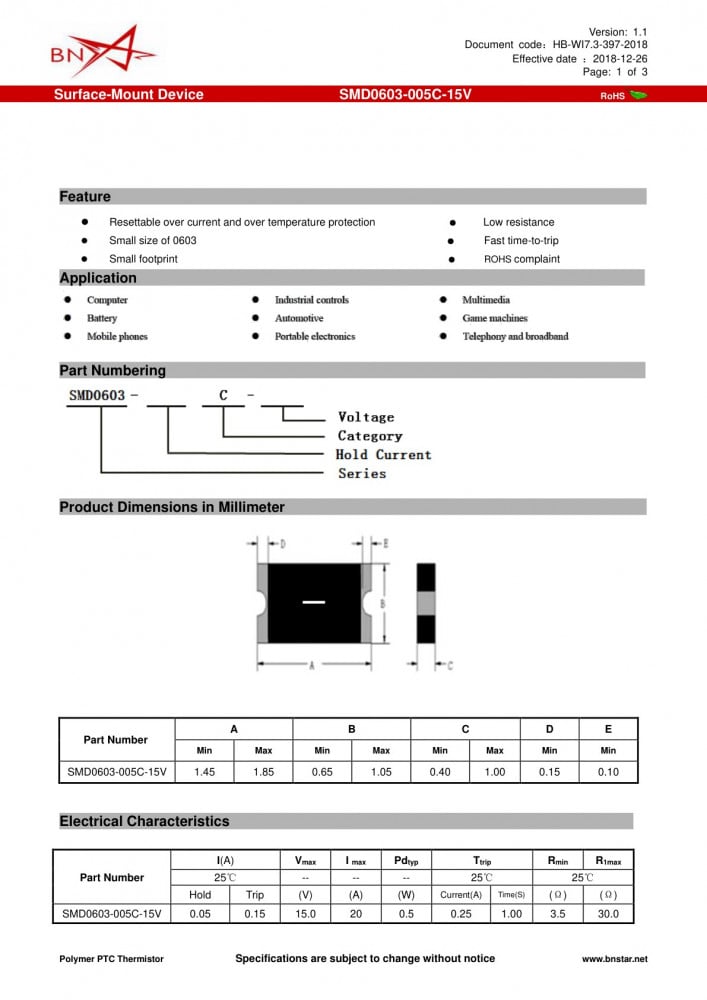 BNstar SMD0603-005C-15V datasheet page 1