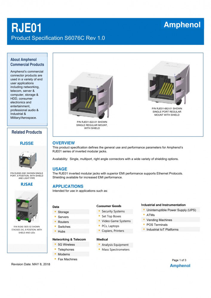 Amphenol RJE01 product specification page 1