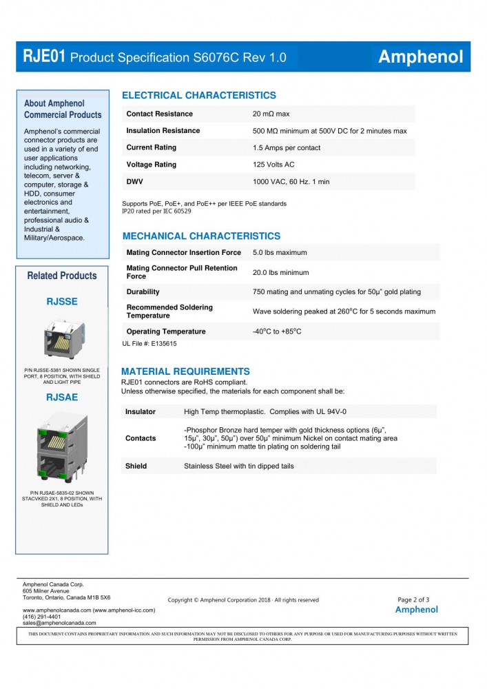 Amphenol RJE01 product specification page 2