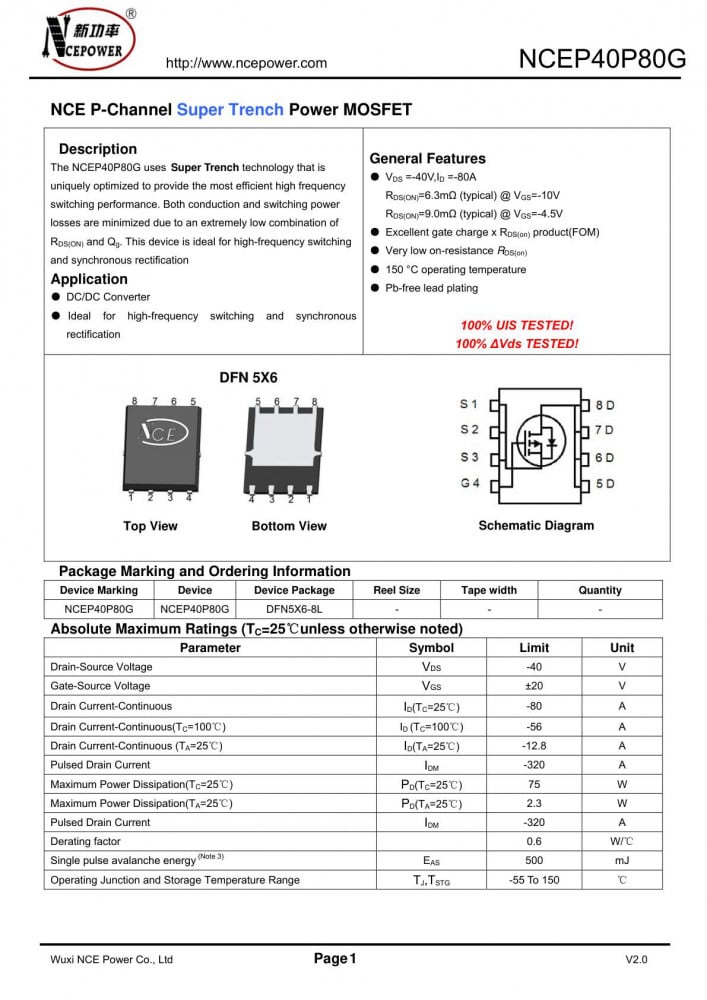 NCEP40P80G datasheet page 1
