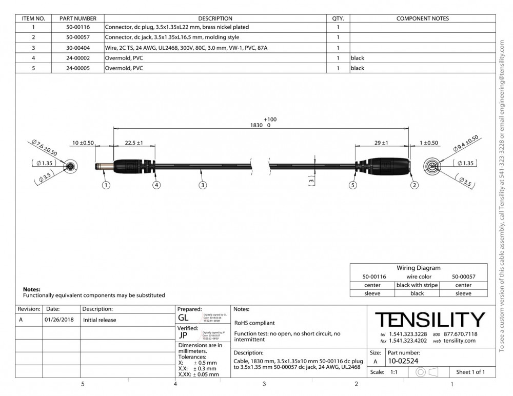Tensility International 10-02524 cable assembly drawing