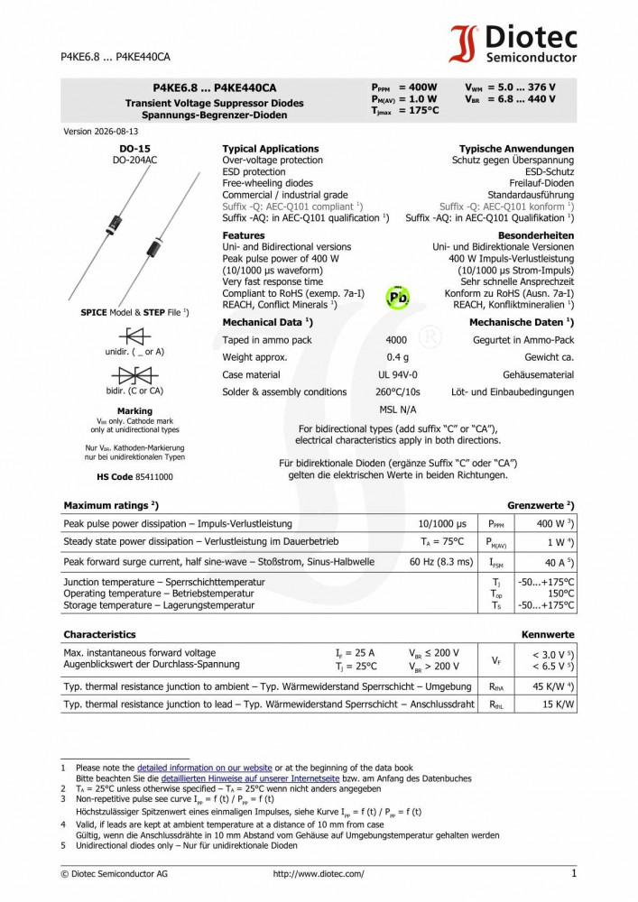 DIOTEC P4KE series datasheet page 1