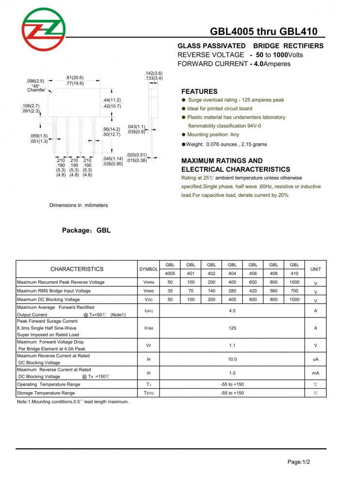 GBL410 datasheet page 1