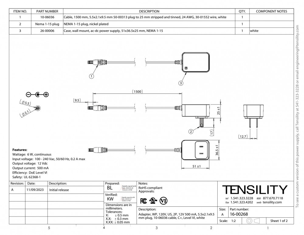 Tensility 16-00268 product drawing, page 1