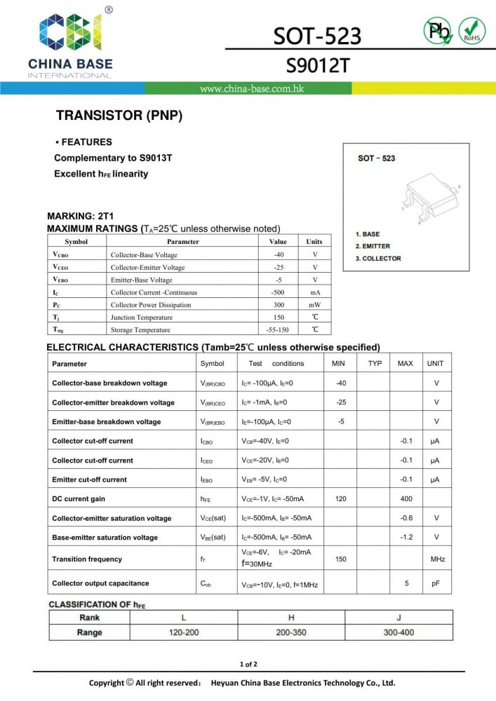 CBI S9012T datasheet page 1