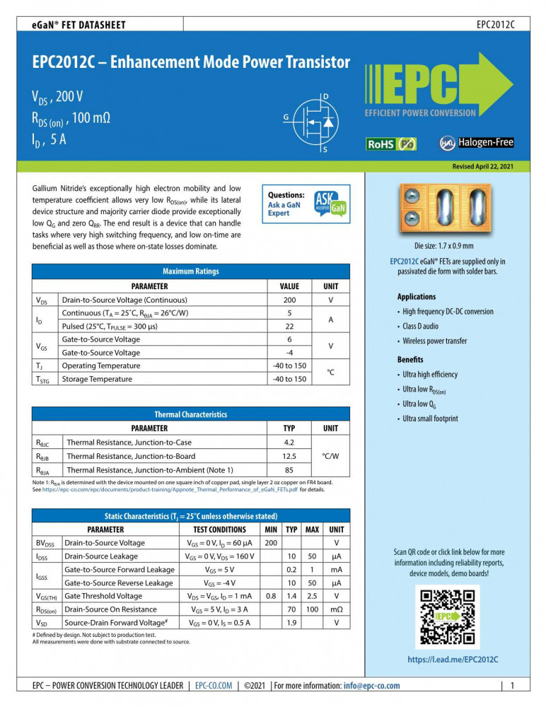 EPC2012C datasheet page 1