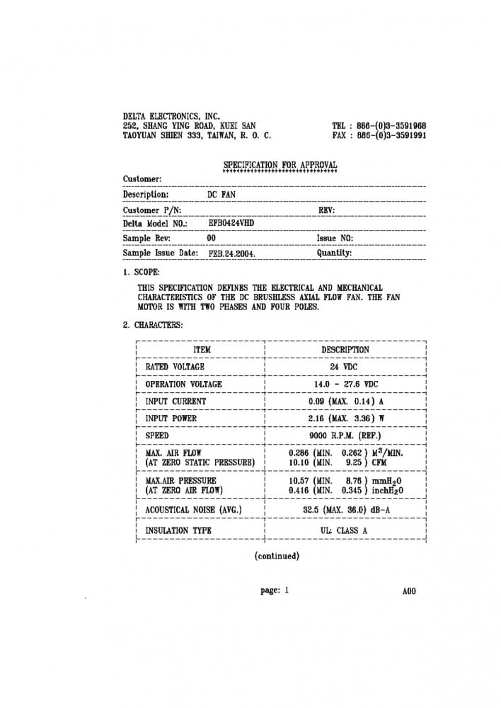 EFB0424VHD specification page 1