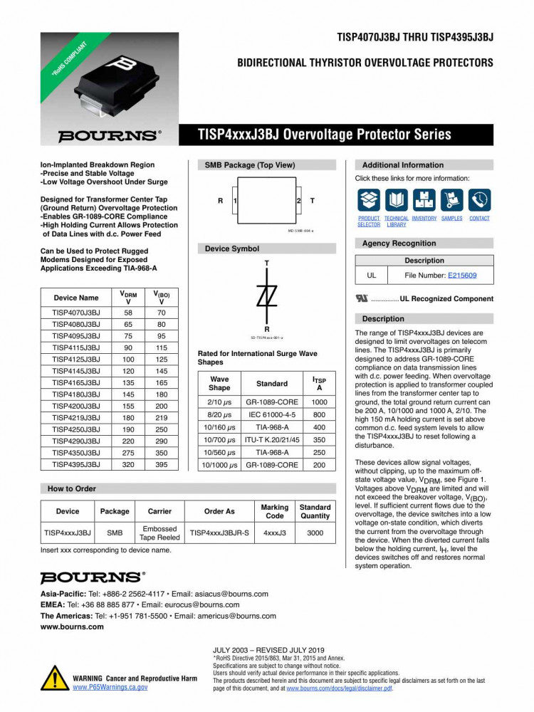 TISP4350J3BJR-S datasheet page 1