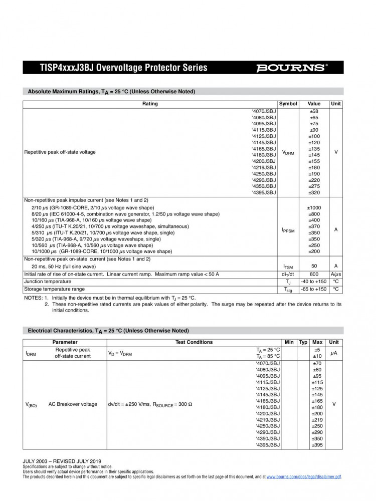 TISP4350J3BJR-S datasheet page 2
