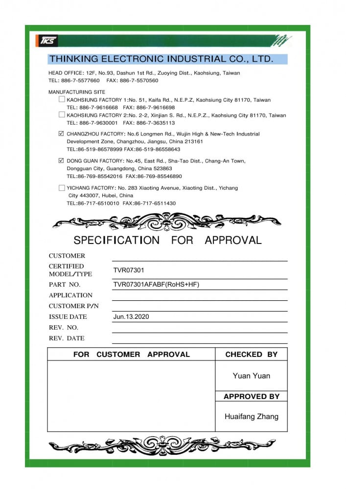 TVR07301AFABF datasheet page 1
