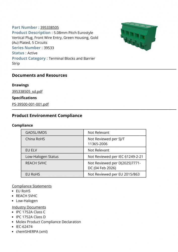 ESE Eurostyle terminal block product specification, page 1