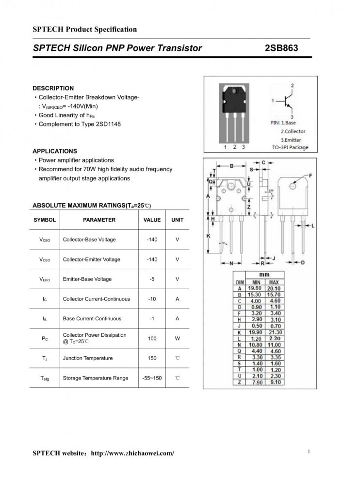 2SB863 technical datasheet page 1