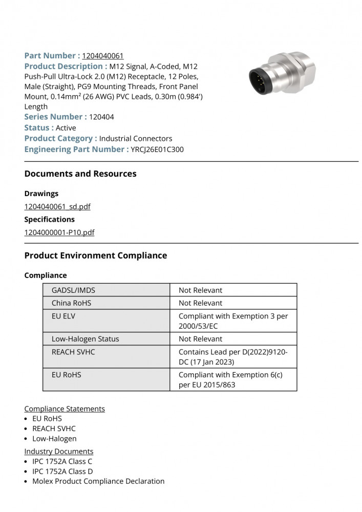Molex product specification document page 1