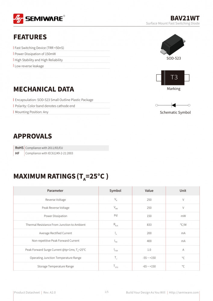 BAV21WT datasheet page 1