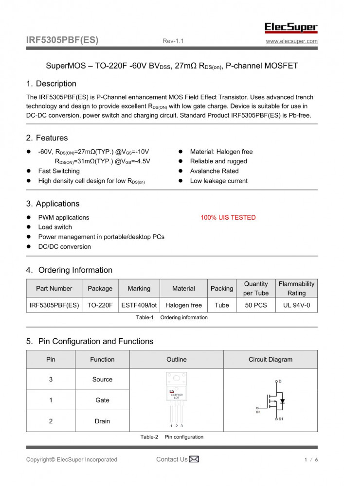 IRF5305PBF(ES) datasheet page 1