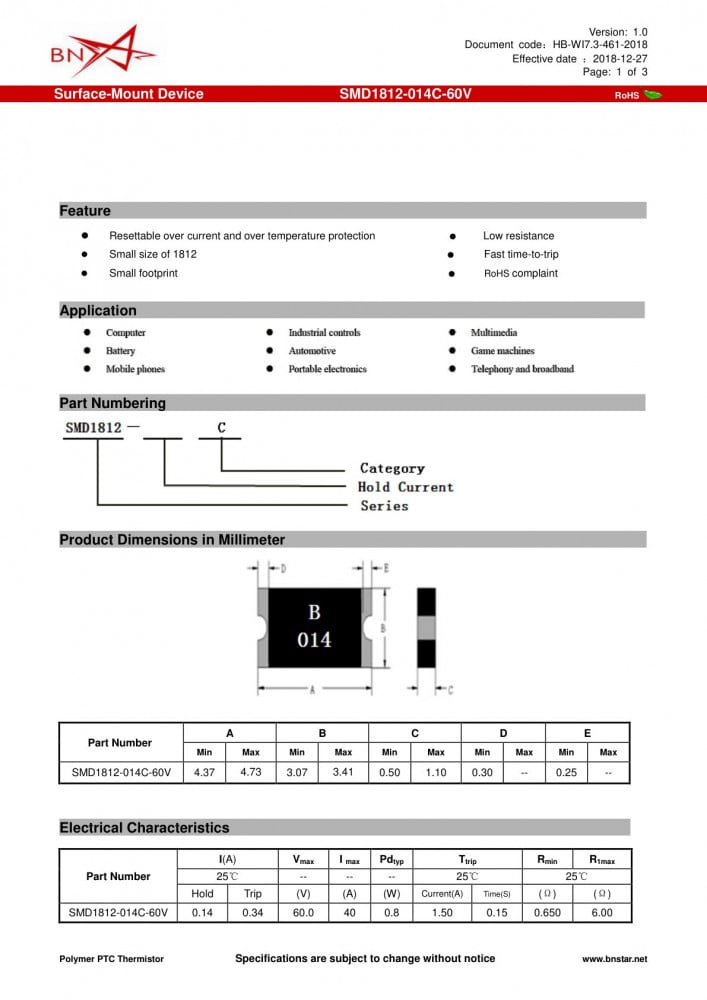 BNstar SMD1812-014C-60V datasheet page 1