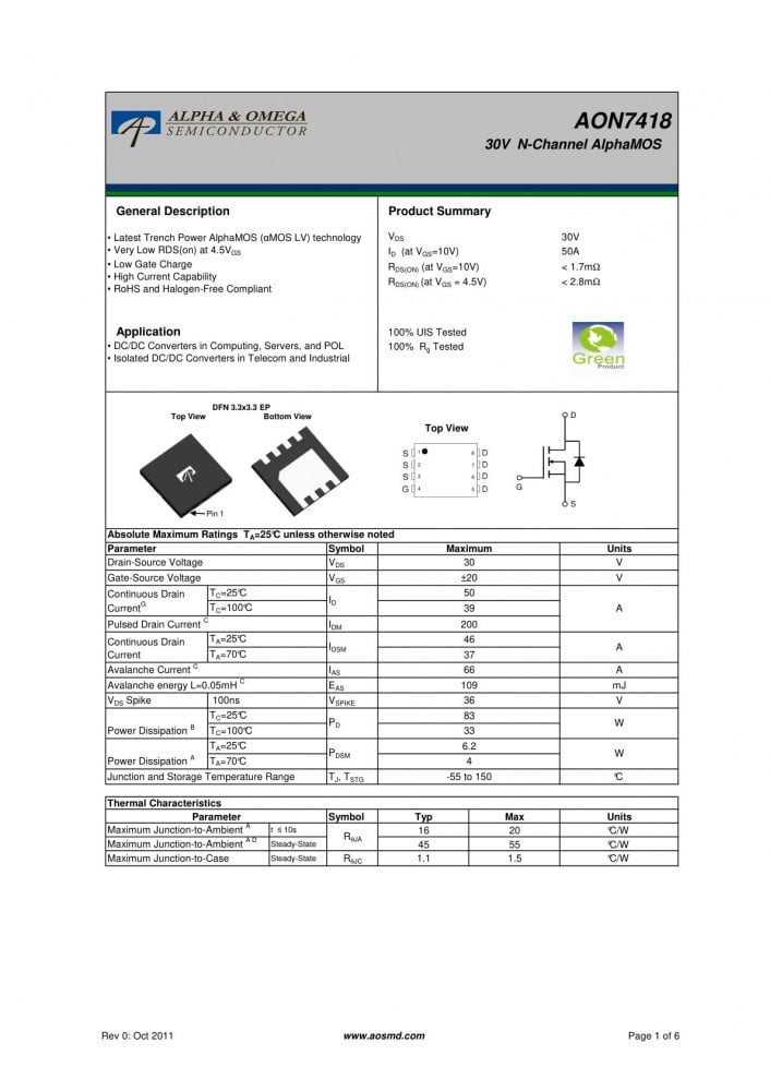 AON7418 datasheet page 1