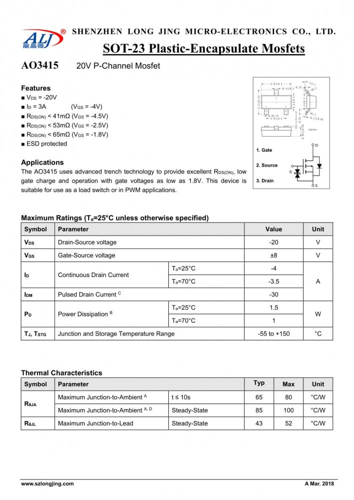 AO3415 datasheet page 1