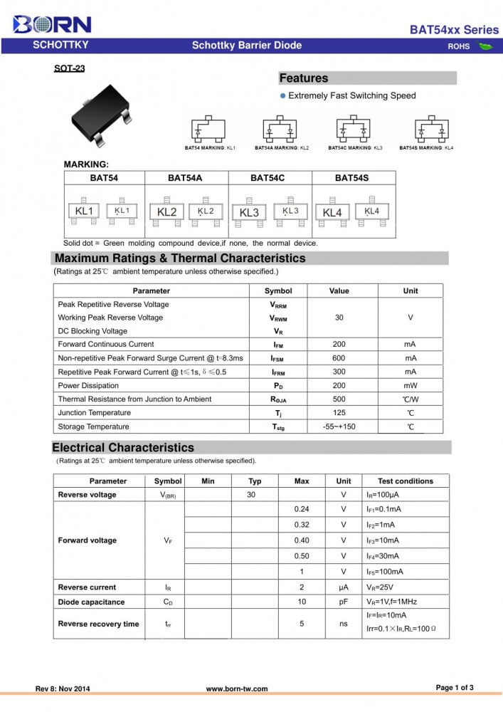 BAT54C datasheet page 1