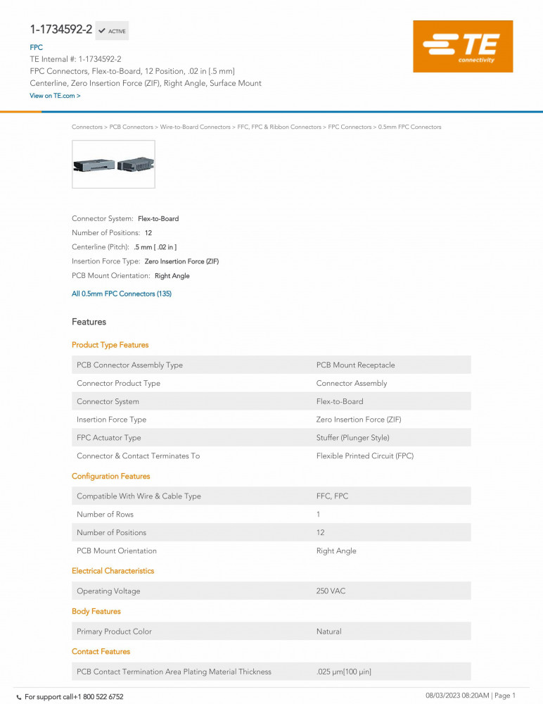 TE Connectivity product document page 1