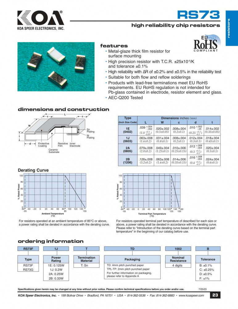 KOA RS73F series technical document page 1