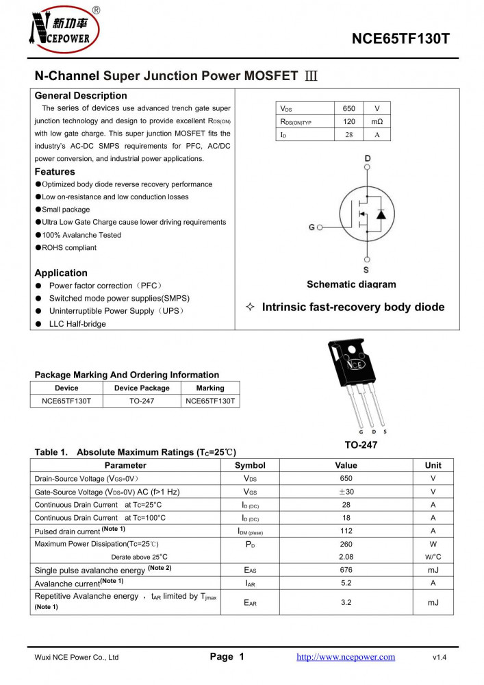 NCE65TF130T datasheet page 1