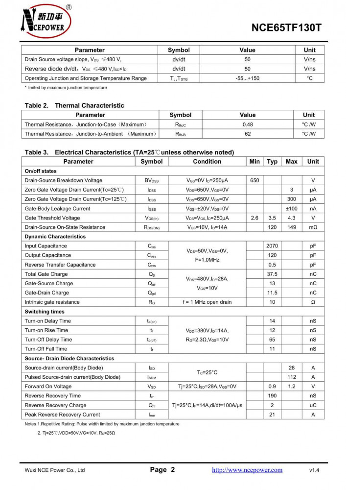 NCE65TF130T datasheet page 2