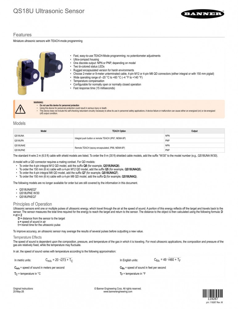QS18U series datasheet page 1