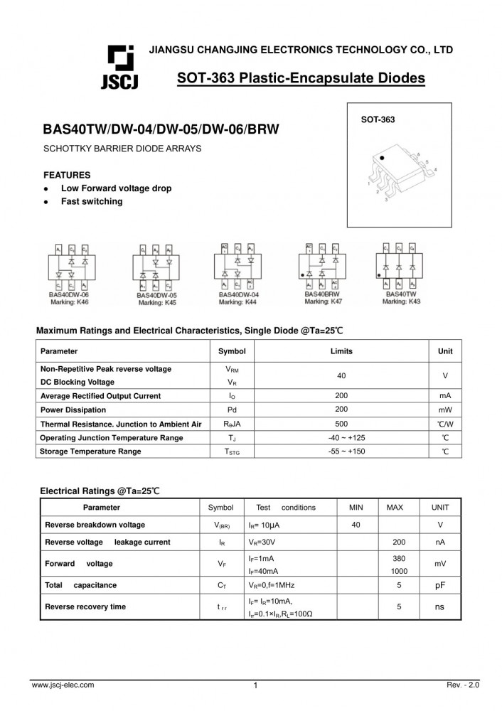 BAS40BRW datasheet page 1