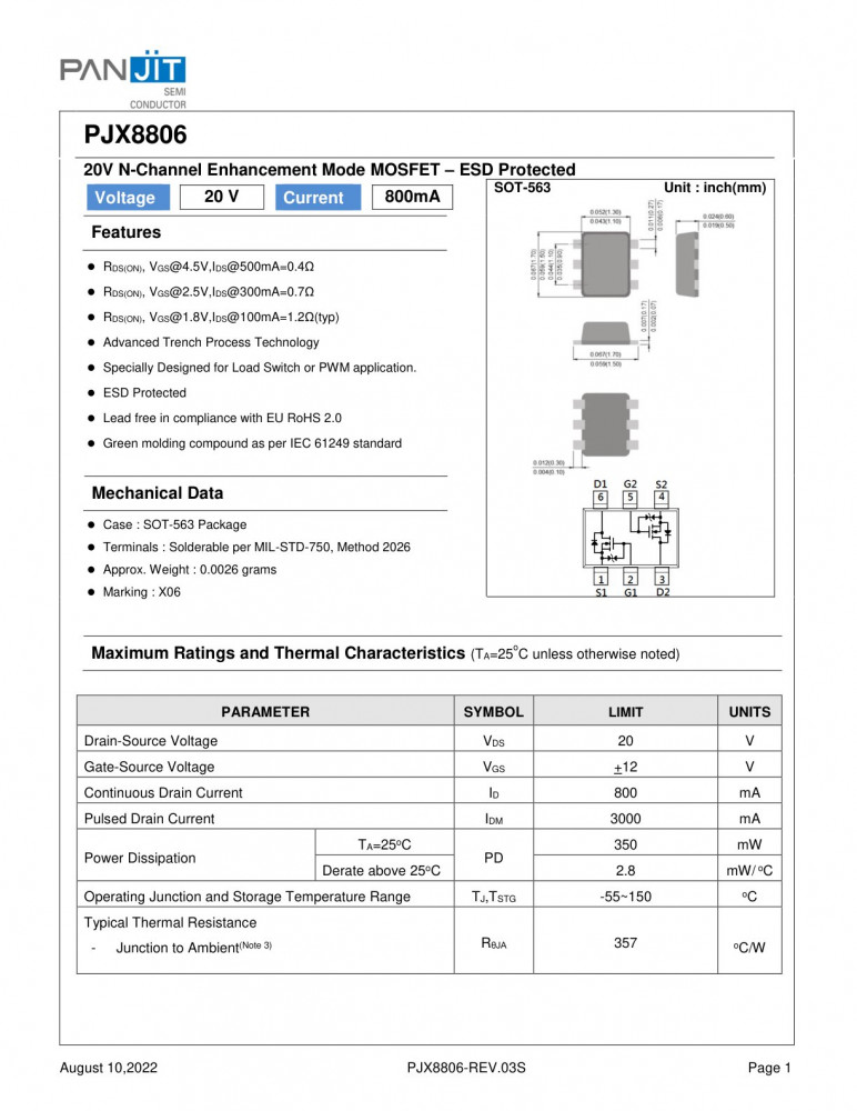 PJX8806 datasheet page 1