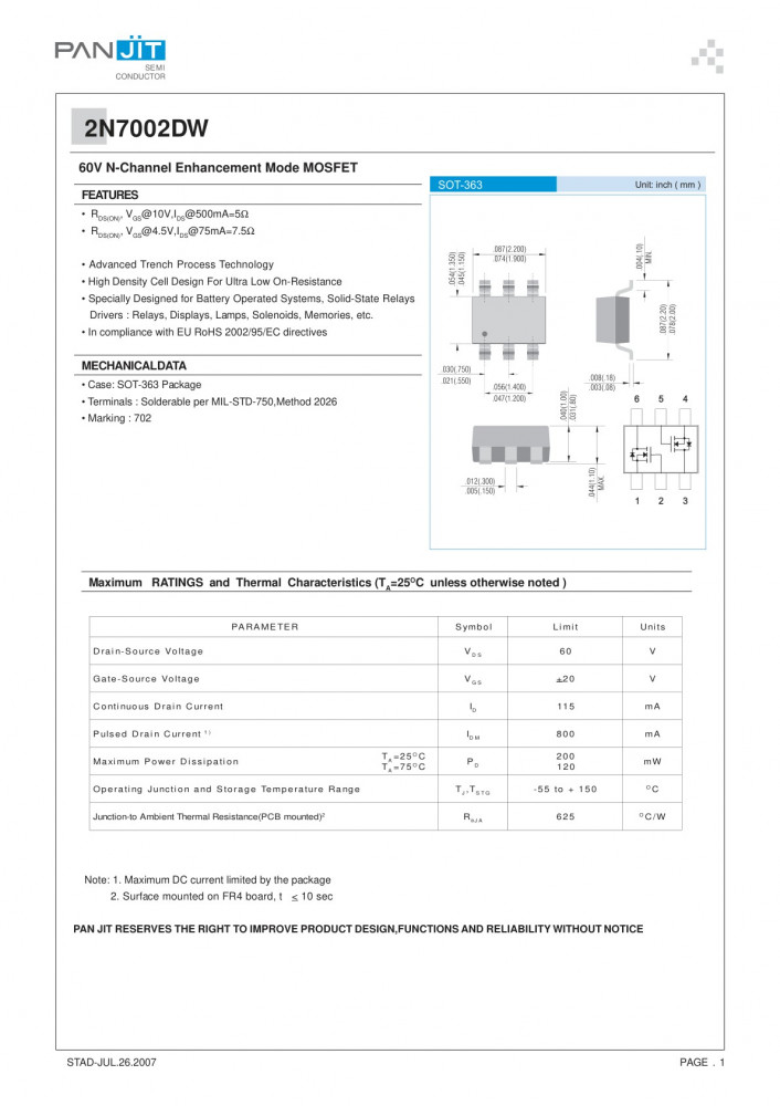 2N7002DW datasheet page 1