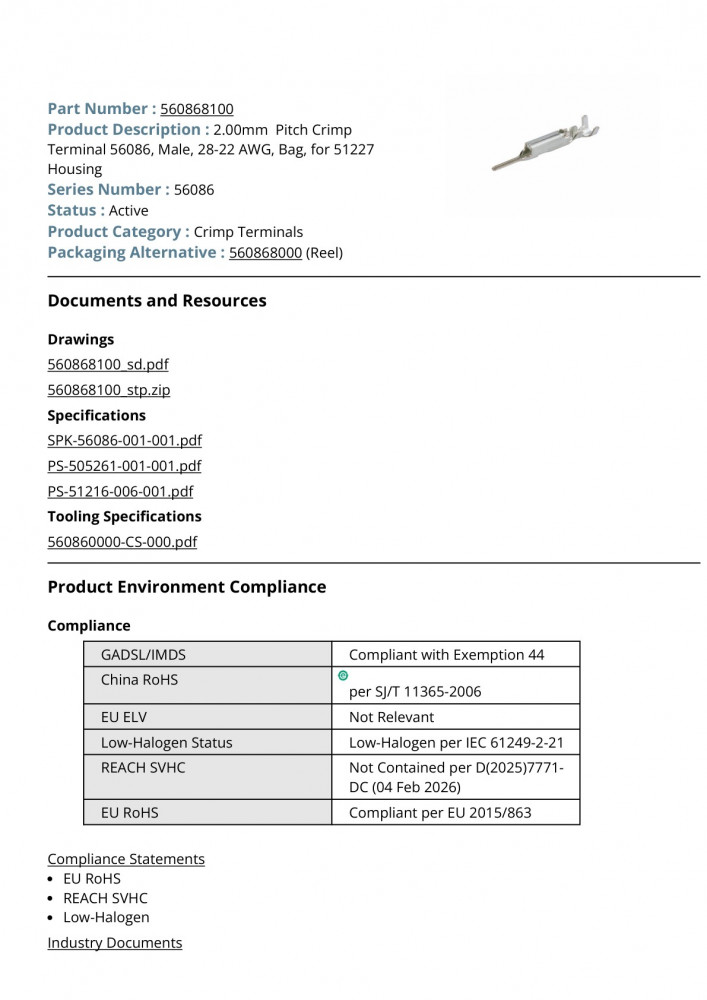 Technical document image 1 for Molex 560868100