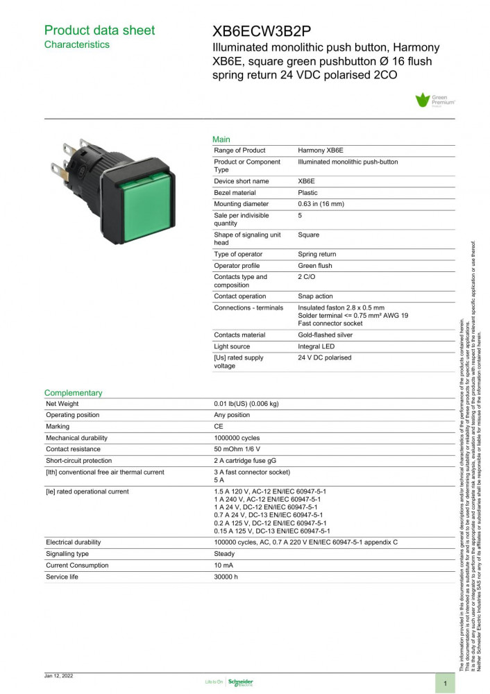 XB6ECW3B2P technical document page 1